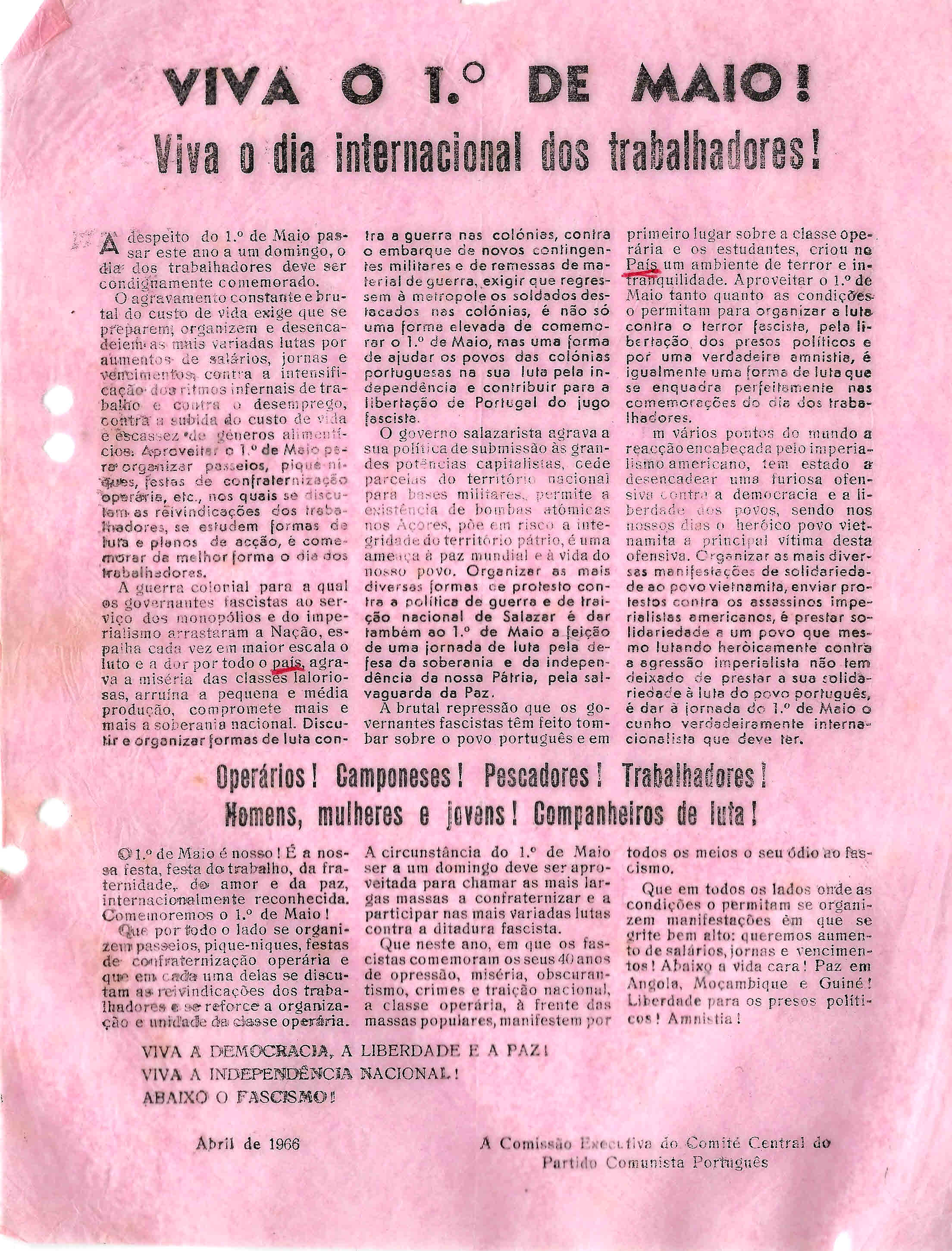 PRIMEIRO DE MAIO DE 1966 – EPHEMERA – Biblioteca e arquivo de José ...